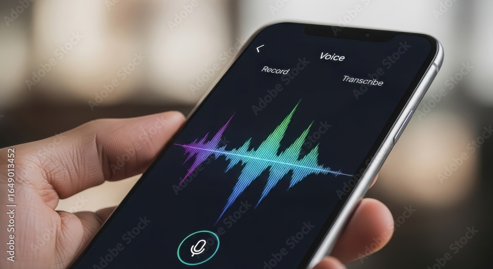 Modern smartphone displaying voice recording and transcription app held ...