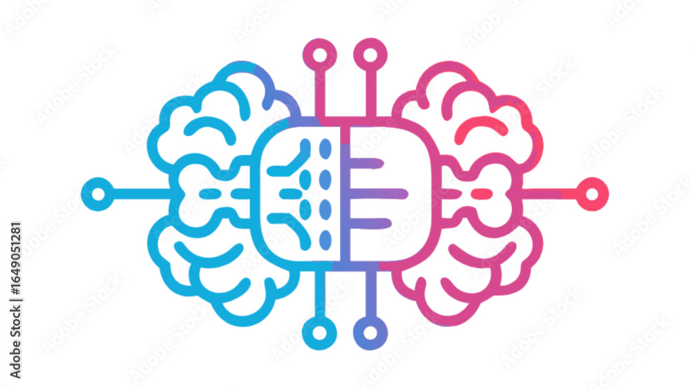 Illustration of two brains connected to a central processor with ...