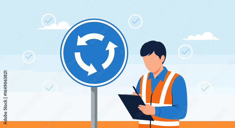 Road Safety Inspector Checks the Roundabout Compliance with Regulation ...