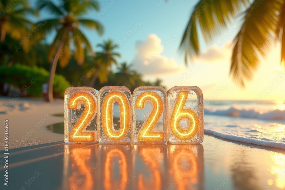 Stock-Foto „Numbers 2026 inside ice cubes on tropical background. The ...