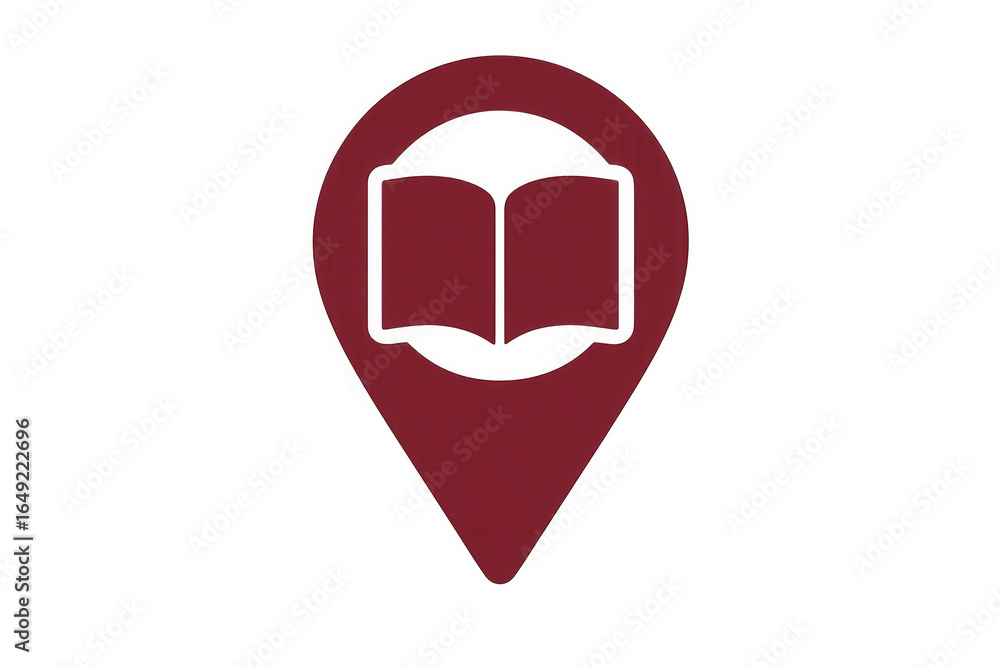 Red map pointer icon showing open book symbol, marking library or ...