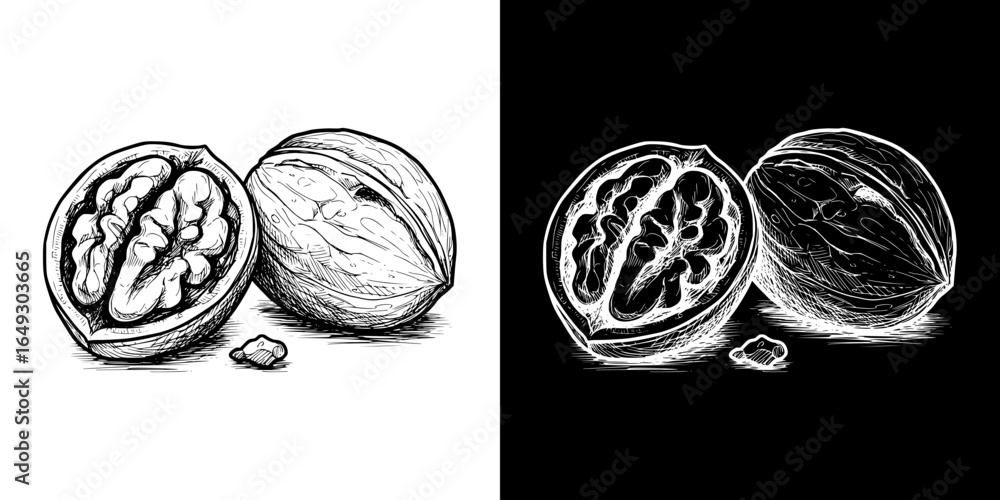 Whole and halved walnuts, isolated vector image, two design options on ...