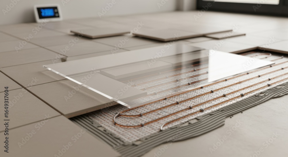 Transparent overlay showing electric heating mat embedded in thinset ...