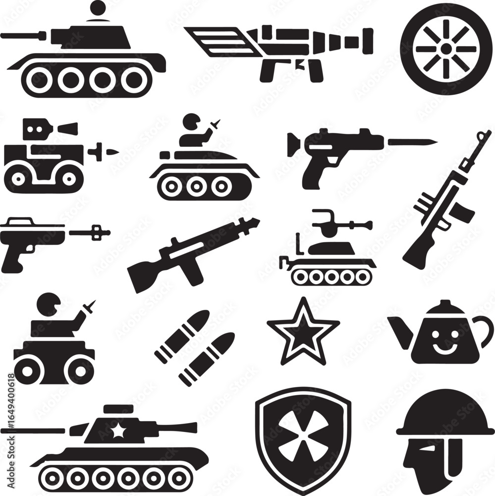 Collection of military and weapon icons including tanks and guns ...