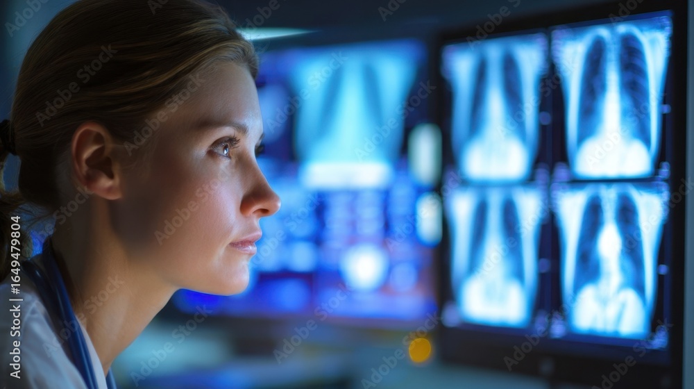 Female medical professional analyzing chest x rays on multiple monitors ...