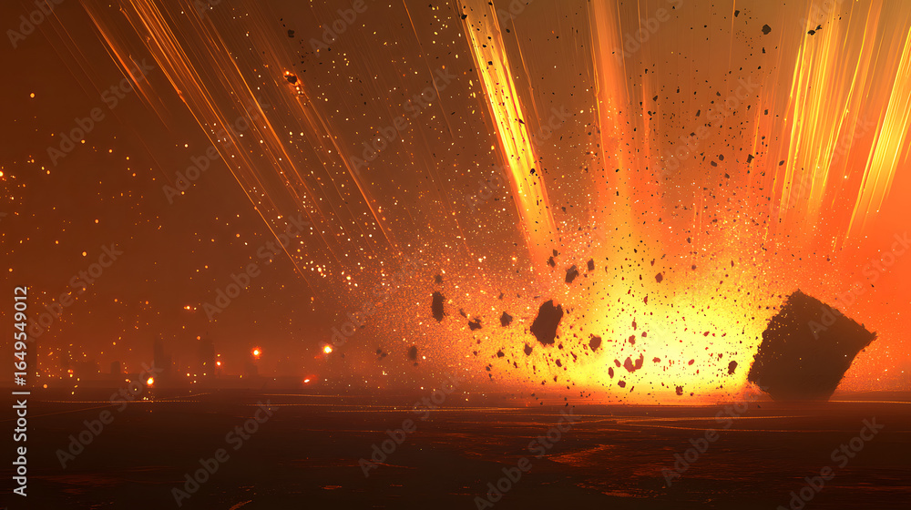 Massive explosion of rocks and debris erupting with force creating a ...