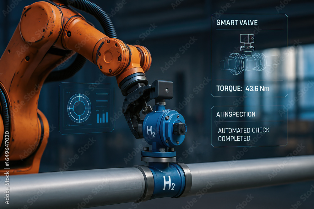 Smart robotic arm inspecting blue hydrogen valve on metal pipeline with ...
