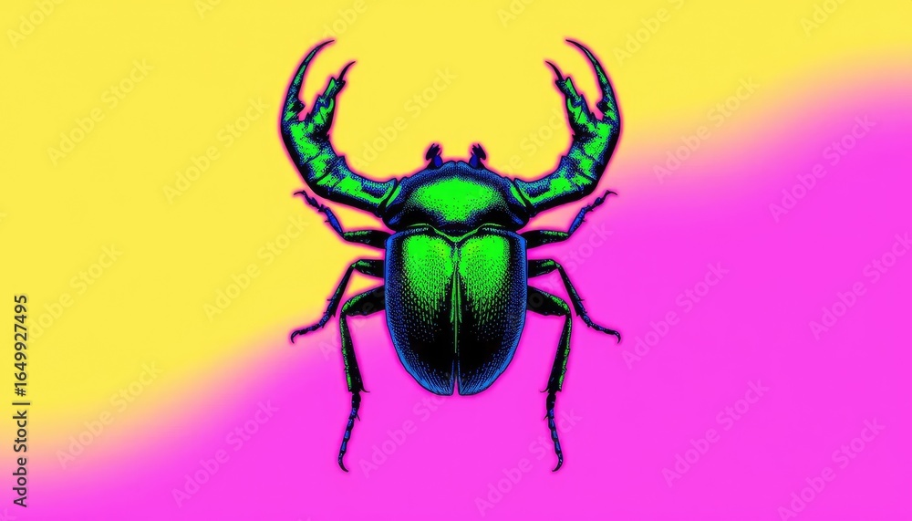 Pop-art style image of a stag beetle with neon outlines and halftone ...