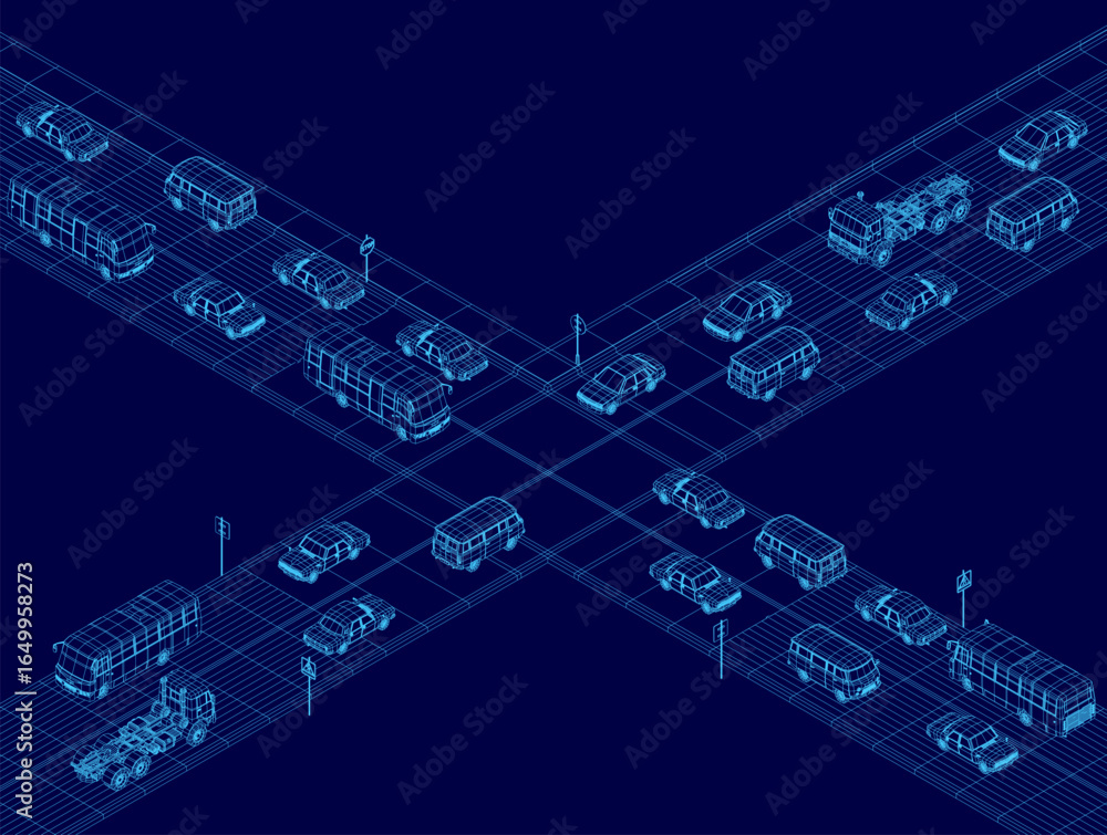 Blueprint of a city street featuring cars, buses, and utility poles in ...