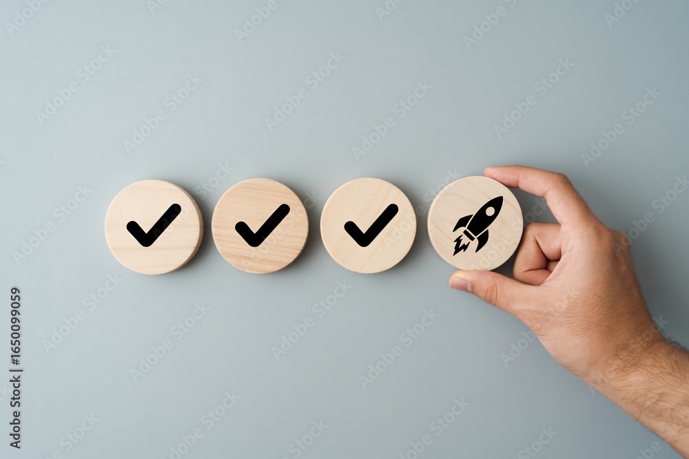 Checklist to launch concept with wooden icons and rocket, startup ...