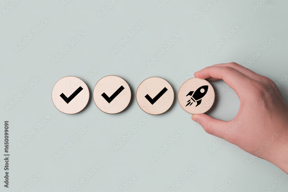 Checklist to launch concept with wooden icons and rocket, startup ...