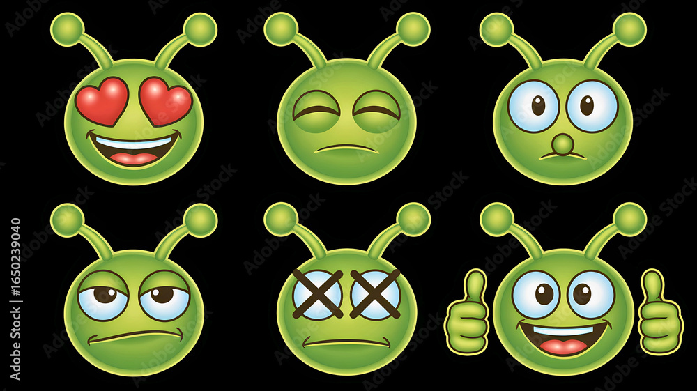 Ilustración de Stock A diverse collection of cartoon green alien head ...