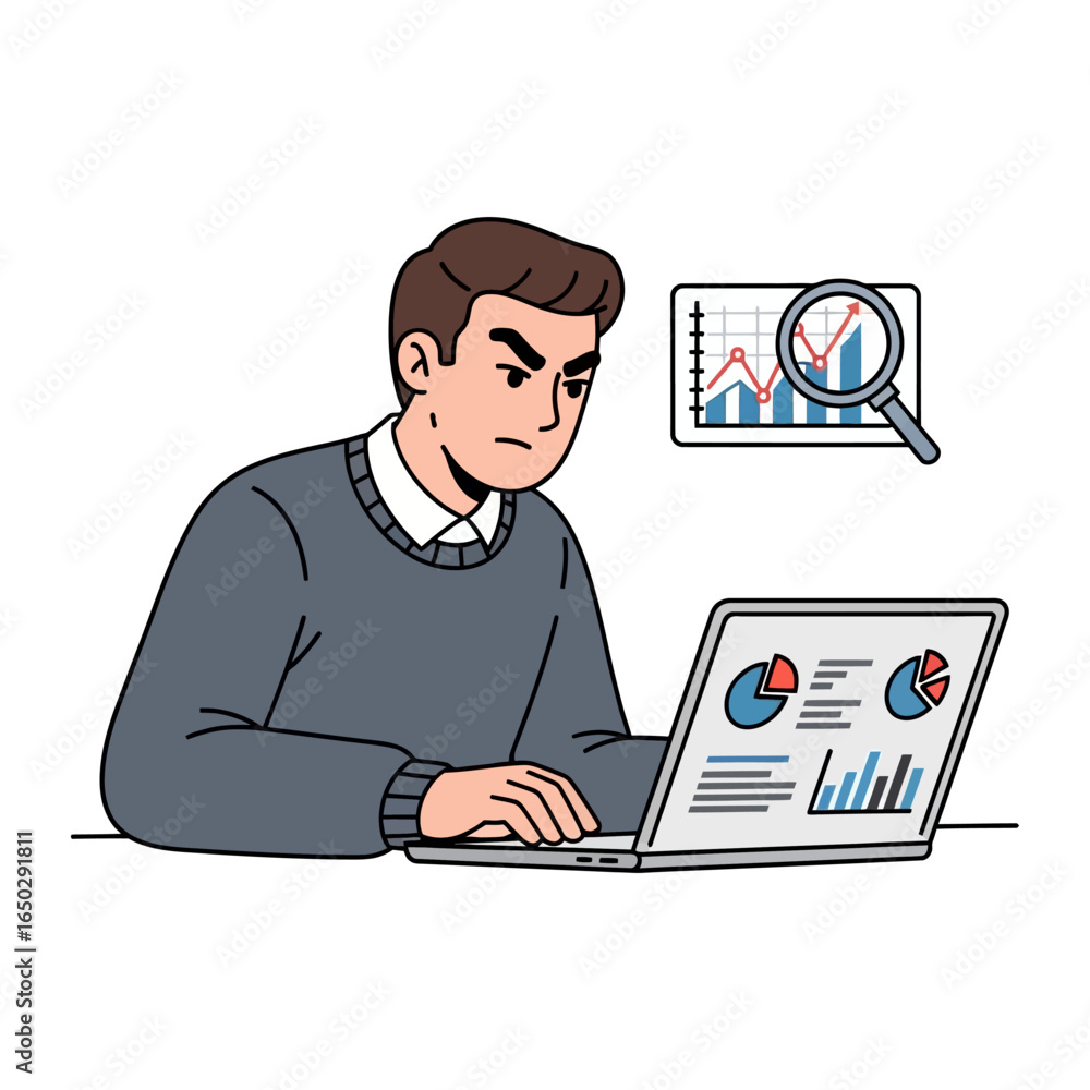 Vector de Stock Data Analyst at Work: A focused data analyst delves deep into intricate charts ...