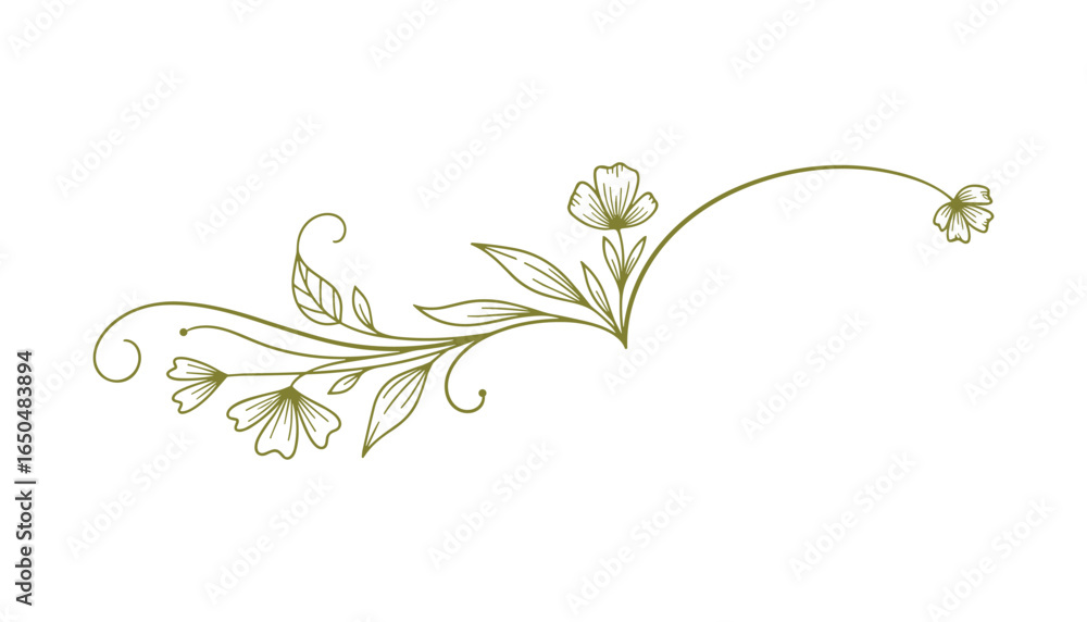 Elegant olive floral branch ornament with stylized flowers and leaves ...