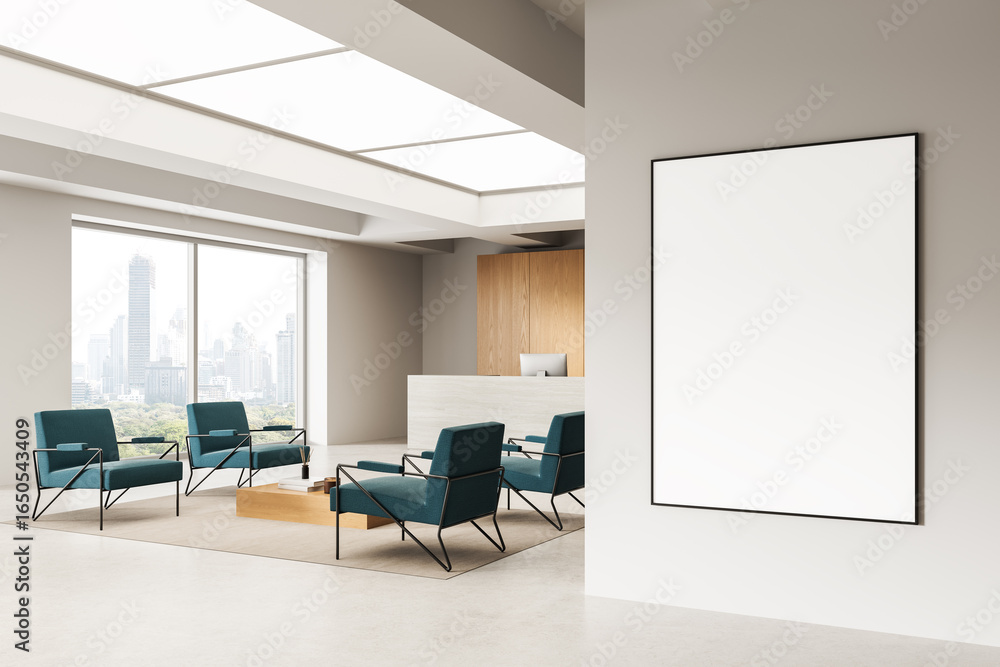 Modern office interior with blank poster mockup on wall and seating ...