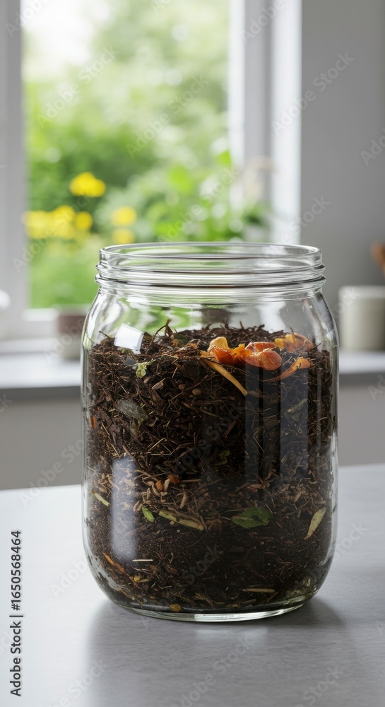 Jar filled with compost and organic waste sitting on kitchen countertop ...