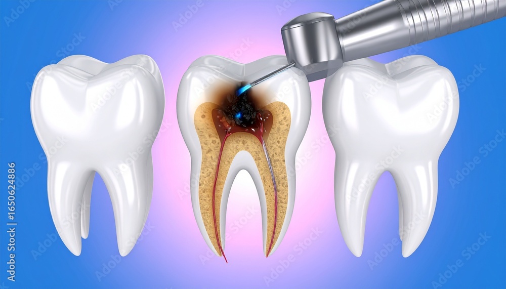 Dental procedure for treating tooth decay, showing a drill cleaning a ...