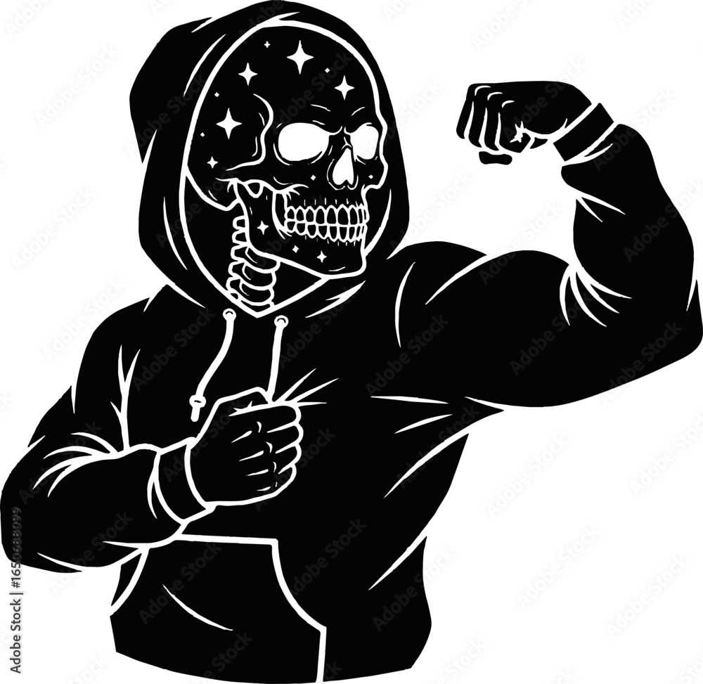 Stylized black and white illustration of a skeleton in a hoodie flexing ...