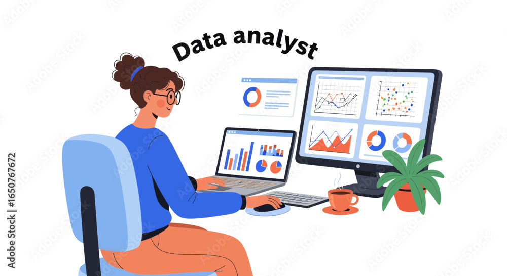 Data analyst woman at her desk, working on business statistics and ...