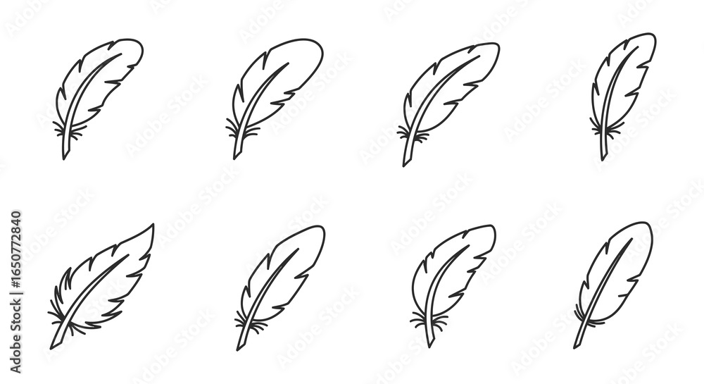 Set of eight hand drawn feather illustrations in black and white Stock ...