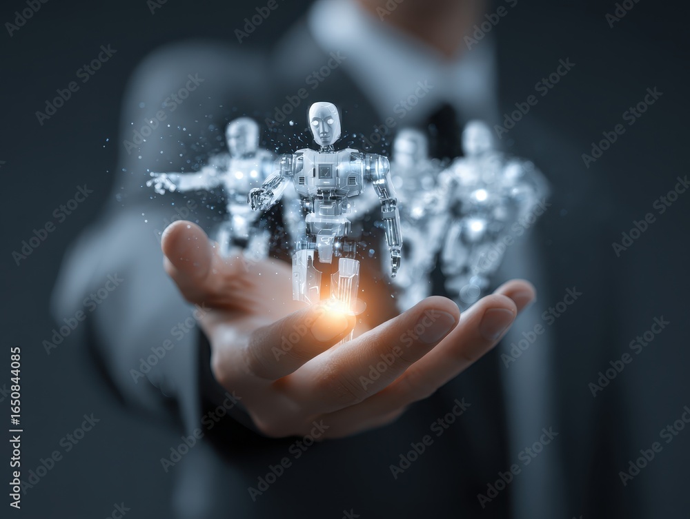 Foto de Stock Multi agent AI systems, Businessman holding AI agents, AI driven solutions ...