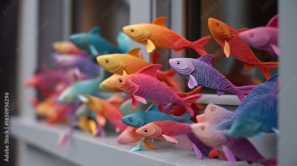 Colorful paper fish cutouts playfully hidden in various places for an ...