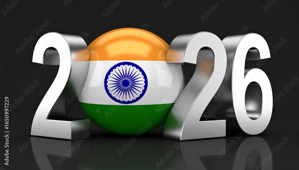 Golden "2026" text with Indian flag sphere replacing zero, symbolizing ...