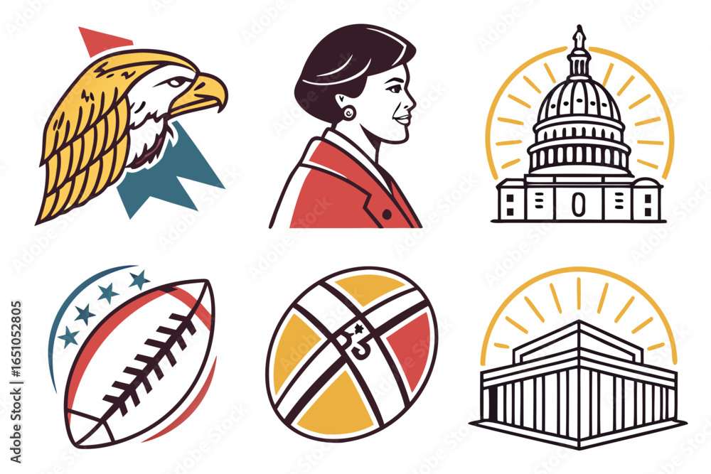 Collection of american symbols and icons including eagle, woman, and ...