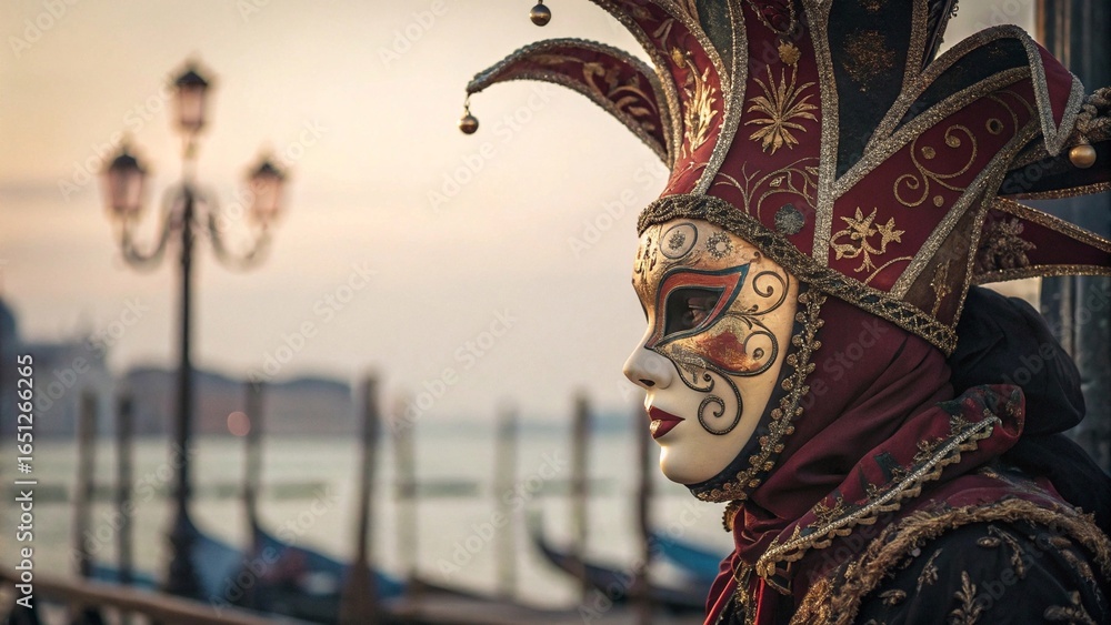 Venetian carnival mask costume near gondolas at sunset. Person wearing ...