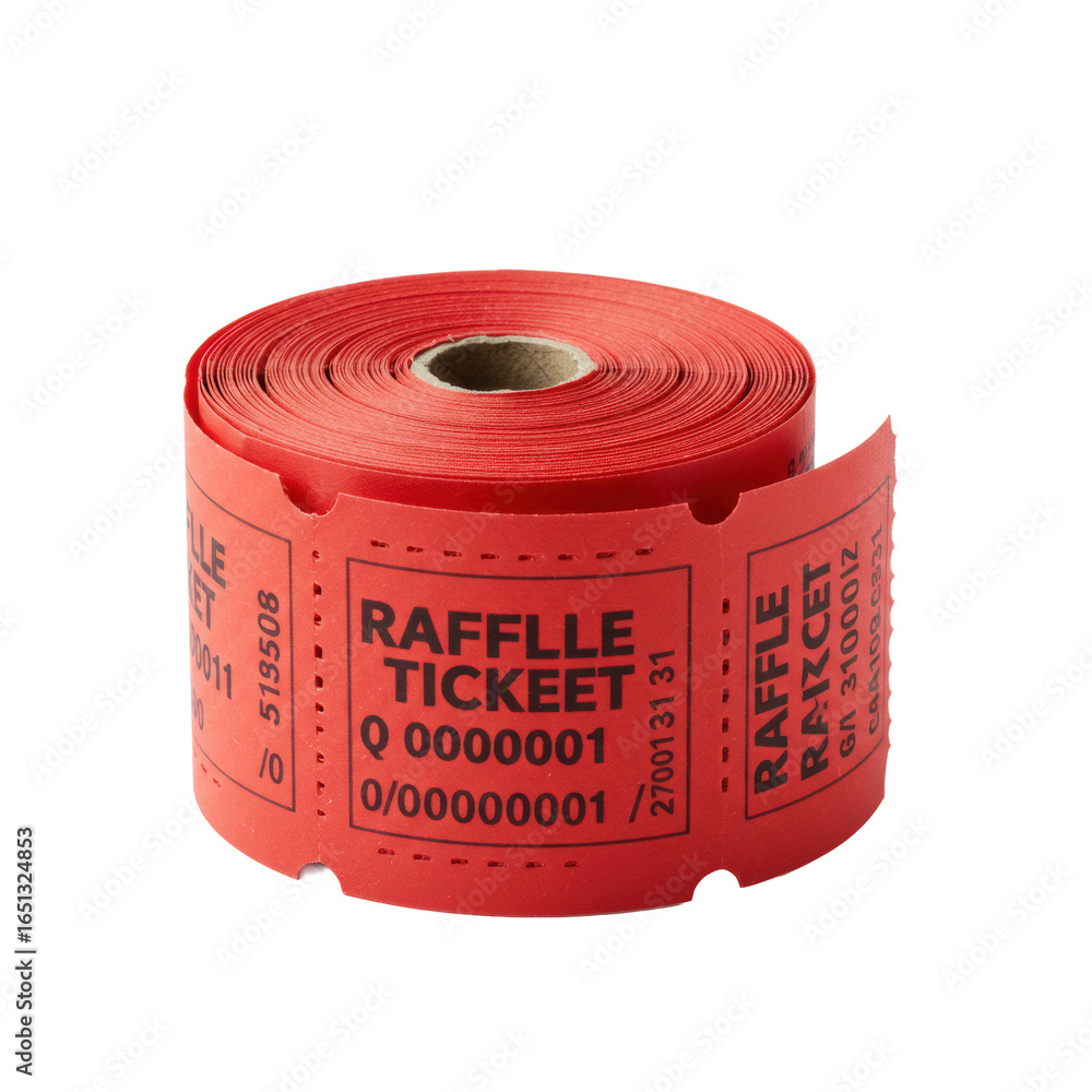 Full vibrant red raffle ticket roll with white numbers and 'RAFFLE ...