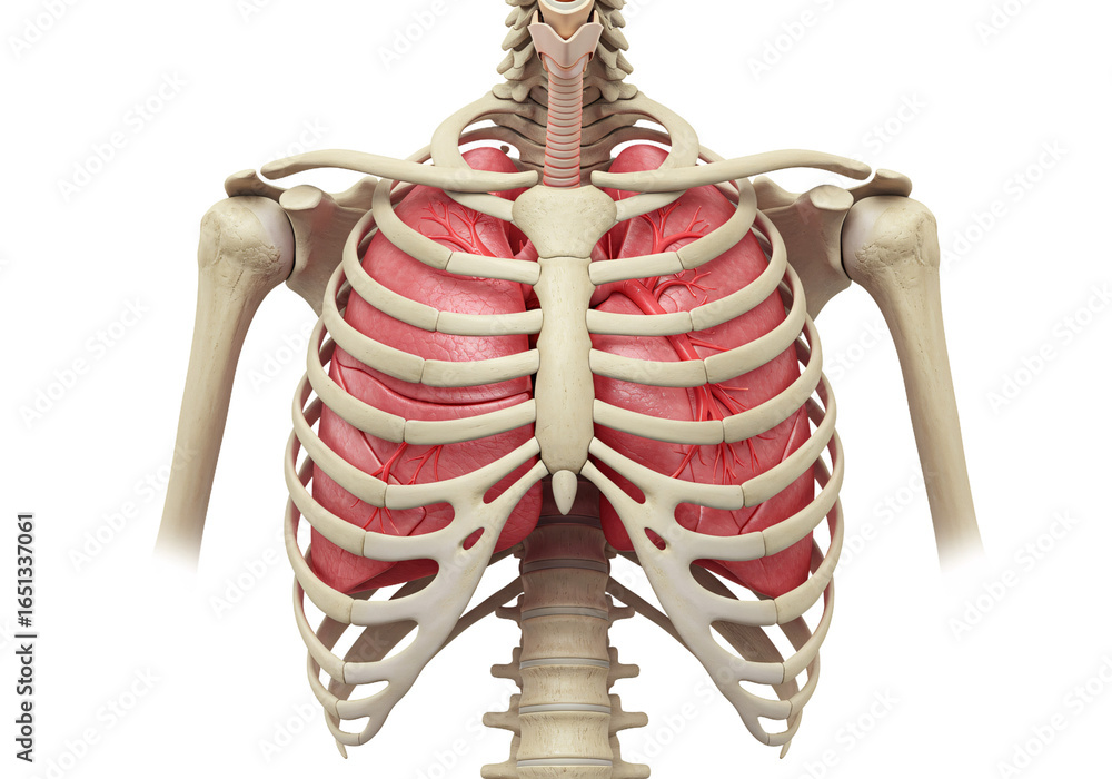 Anatomical illustration of the human rib cage with lungs and spine ...