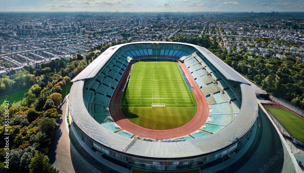 aerial view of an empty rugby stadium with marked field and bright ...