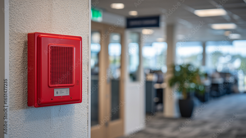 Fire alarm box in vibrant red mounted on neutral white wall, corridor ...