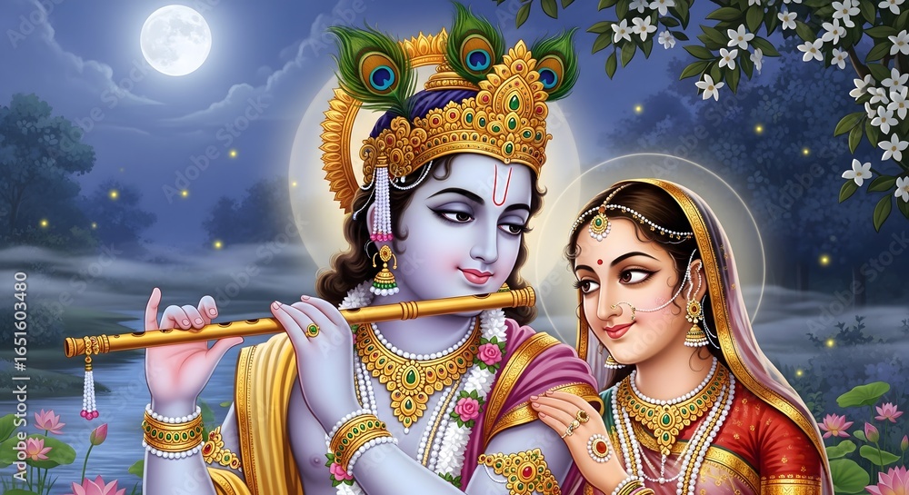 Divine Radha Krishna under full moon night, Lord Krishna playing flute ...