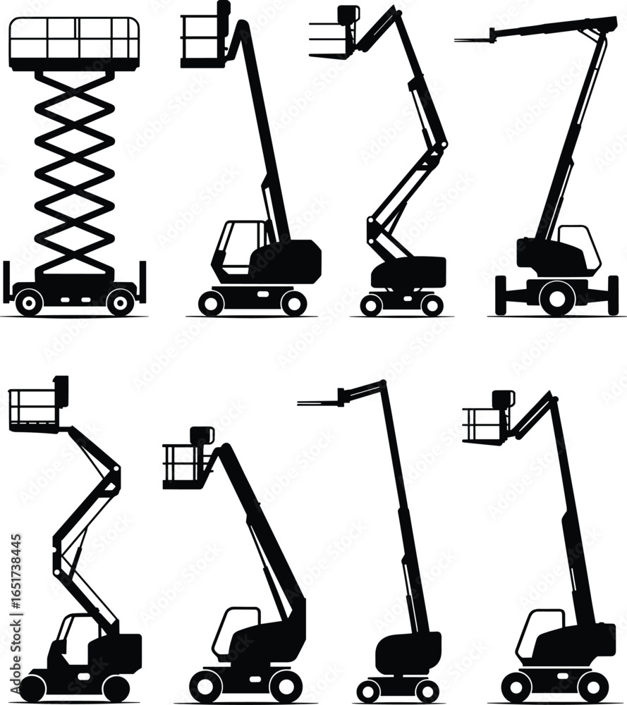 Construction lift equipment icons set, flat vector illustration, aerial ...