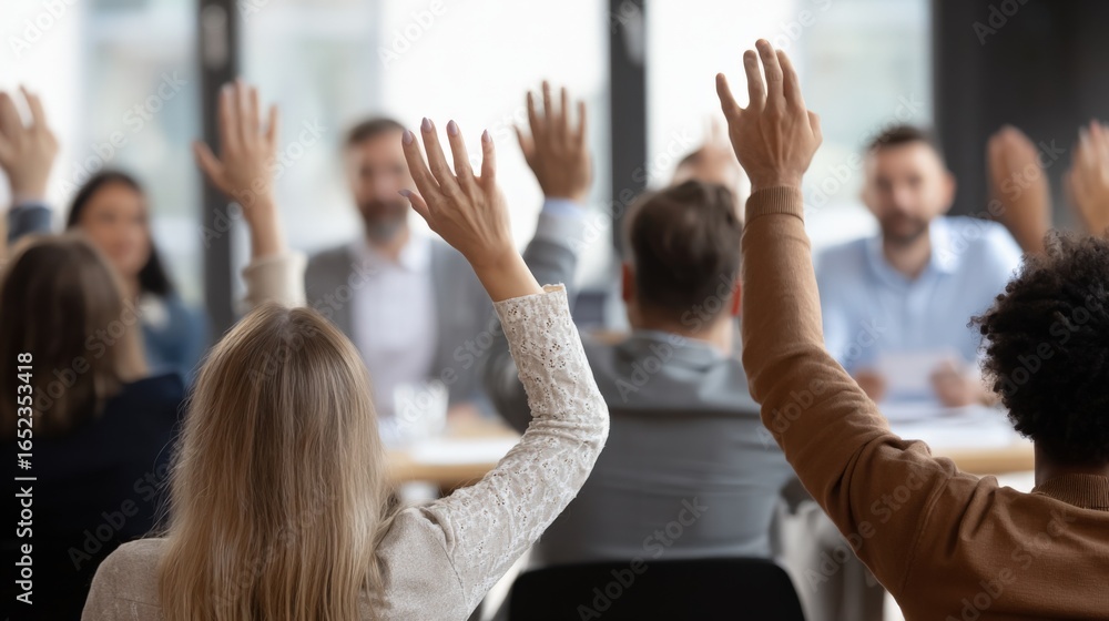 Diverse Group Raising Hands in Meeting: Active Participation and ...