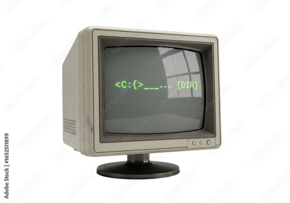 Vintage CRT computer monitor, glowing green pixelated command-line ...