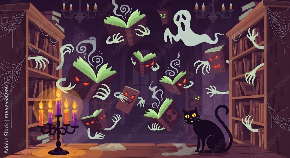 Spooky animated books with glowing eyes and ghostly figures in a ...