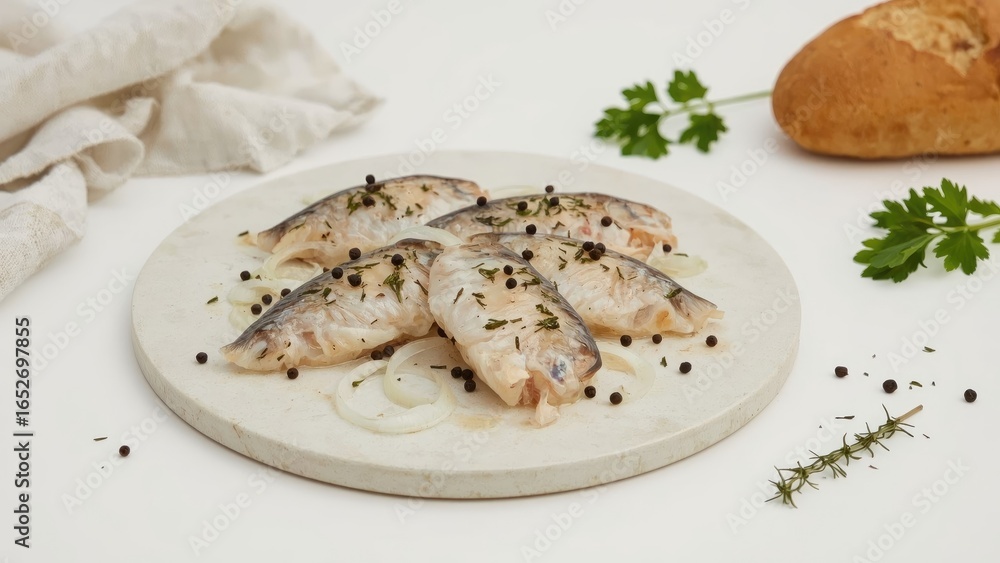 Salted fish chunks seasoned with onions and spices on a white kitchen ...