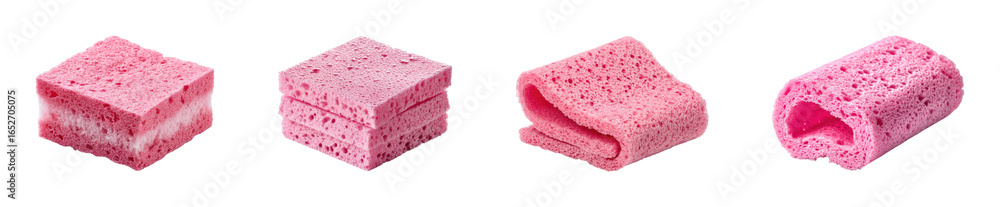 Bright overhead view of pink sponge cleaning products for the kitchen ...