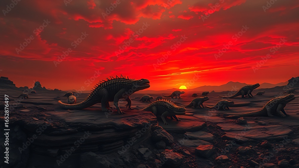 Fossilized creatures emerging from volcanic ash layers under a red sky ...