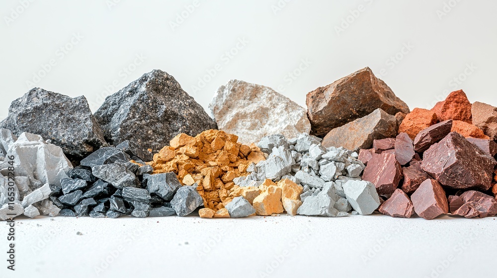 Photo of piles of different types and colors of construction rocks on a ...