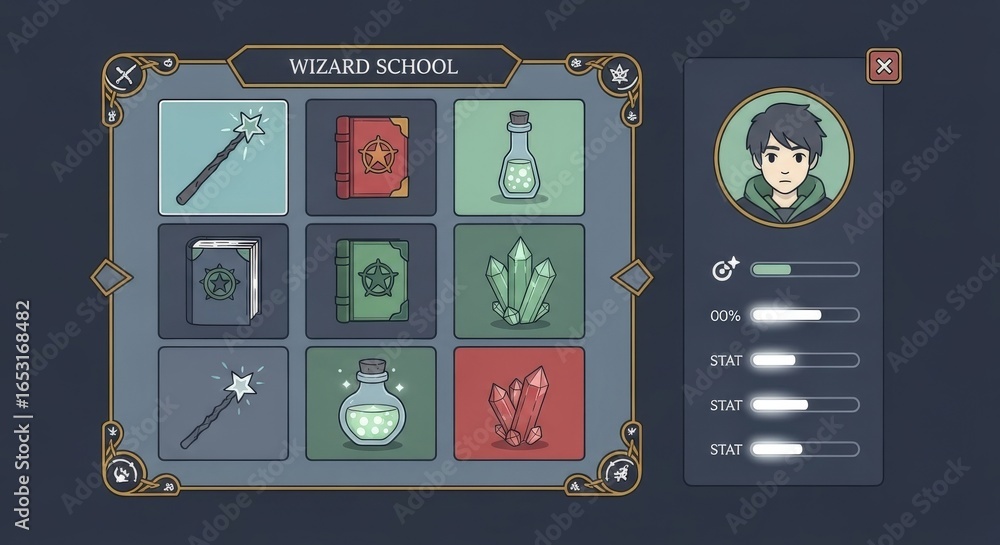 Wizard School Game UI Interface with Fantasy Magic Items and Character ...