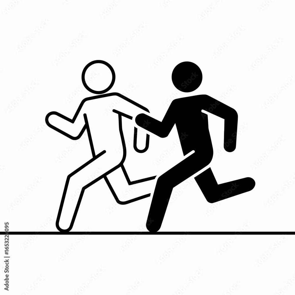 Two stick figures running side by side in opposite colors on a white ...
