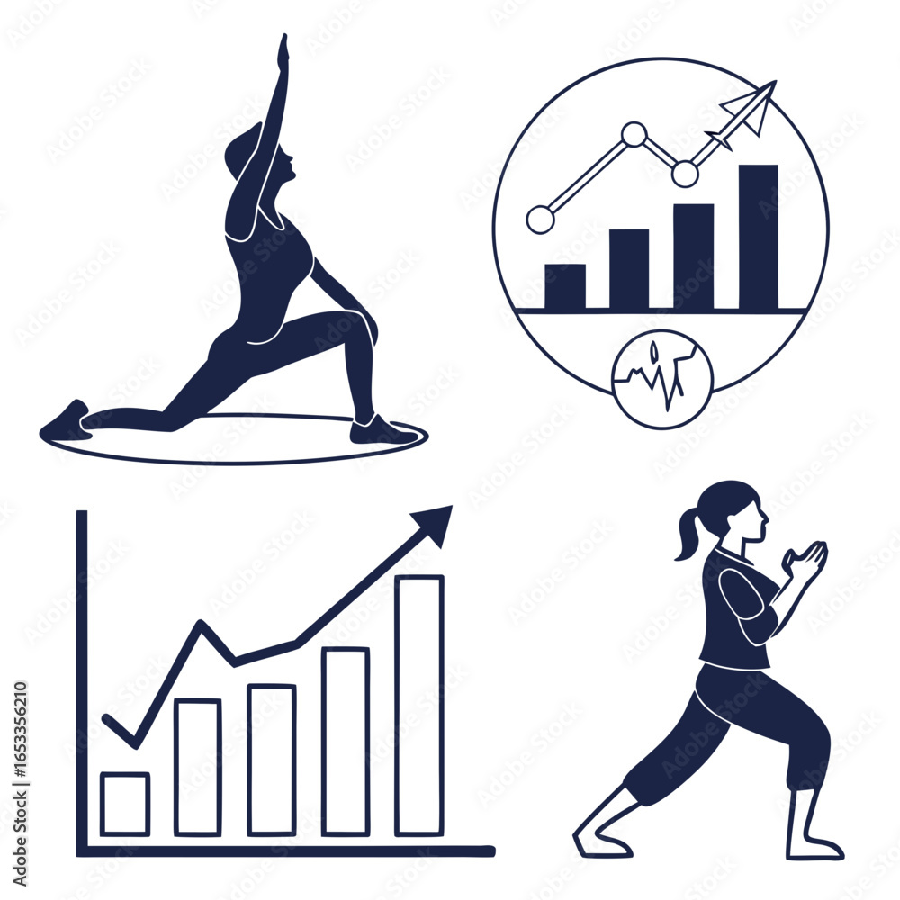 Illustration showing women in yoga poses and bar graphs depicting ...