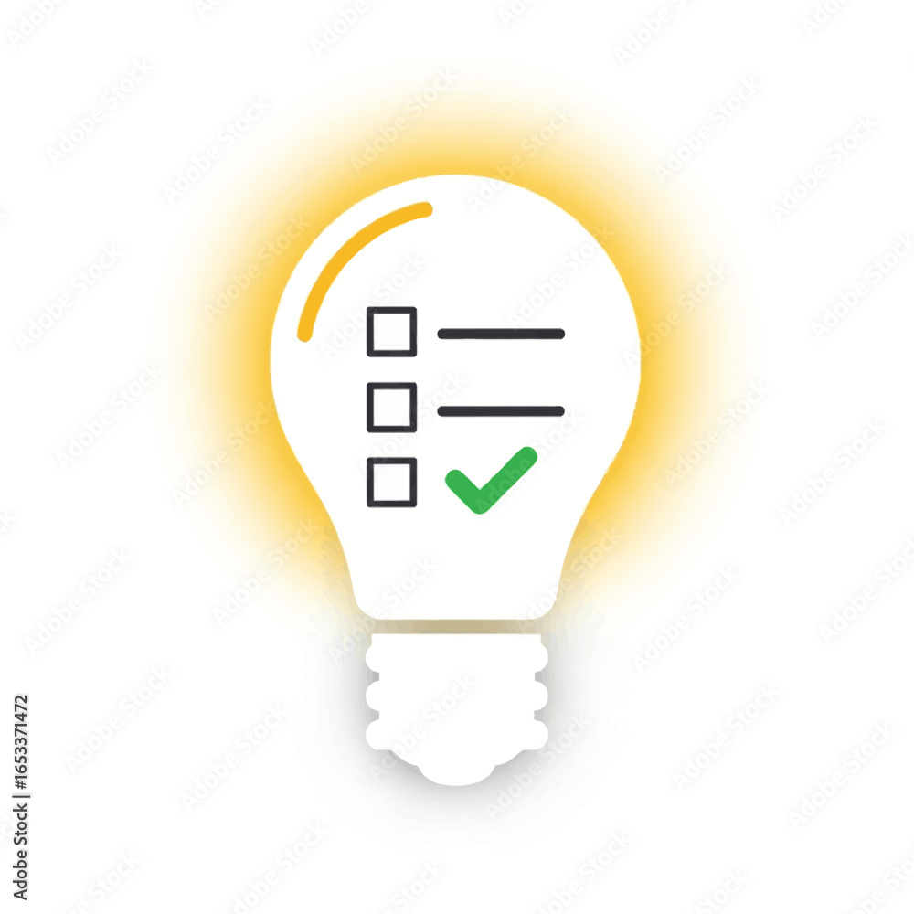 Lightbulb with checklist and checkmark, representing ideas and ...