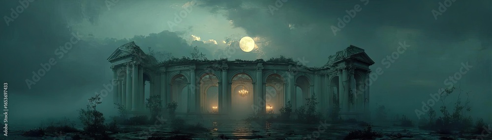 Moonlit haunting of mansion in mist concept. A haunted ancient ruin ...