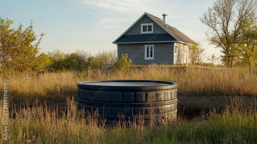 38.Exterior home water tank, securely positioned on a raised foundation ...