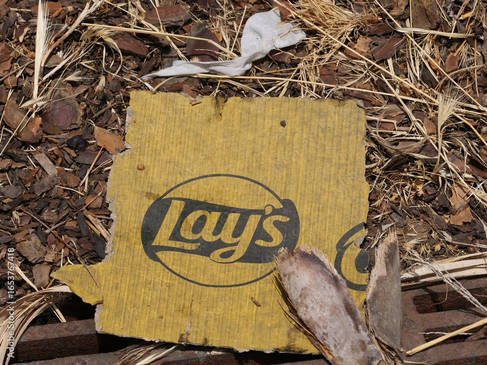 Portugal, Albufeira, August 17. 2025 piece of cardboard with the Lay's ...