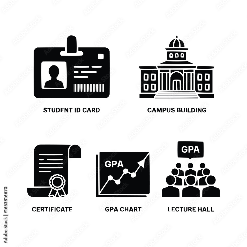 Modern glyph icons student ID, campus building, certificate, GPA chart ...